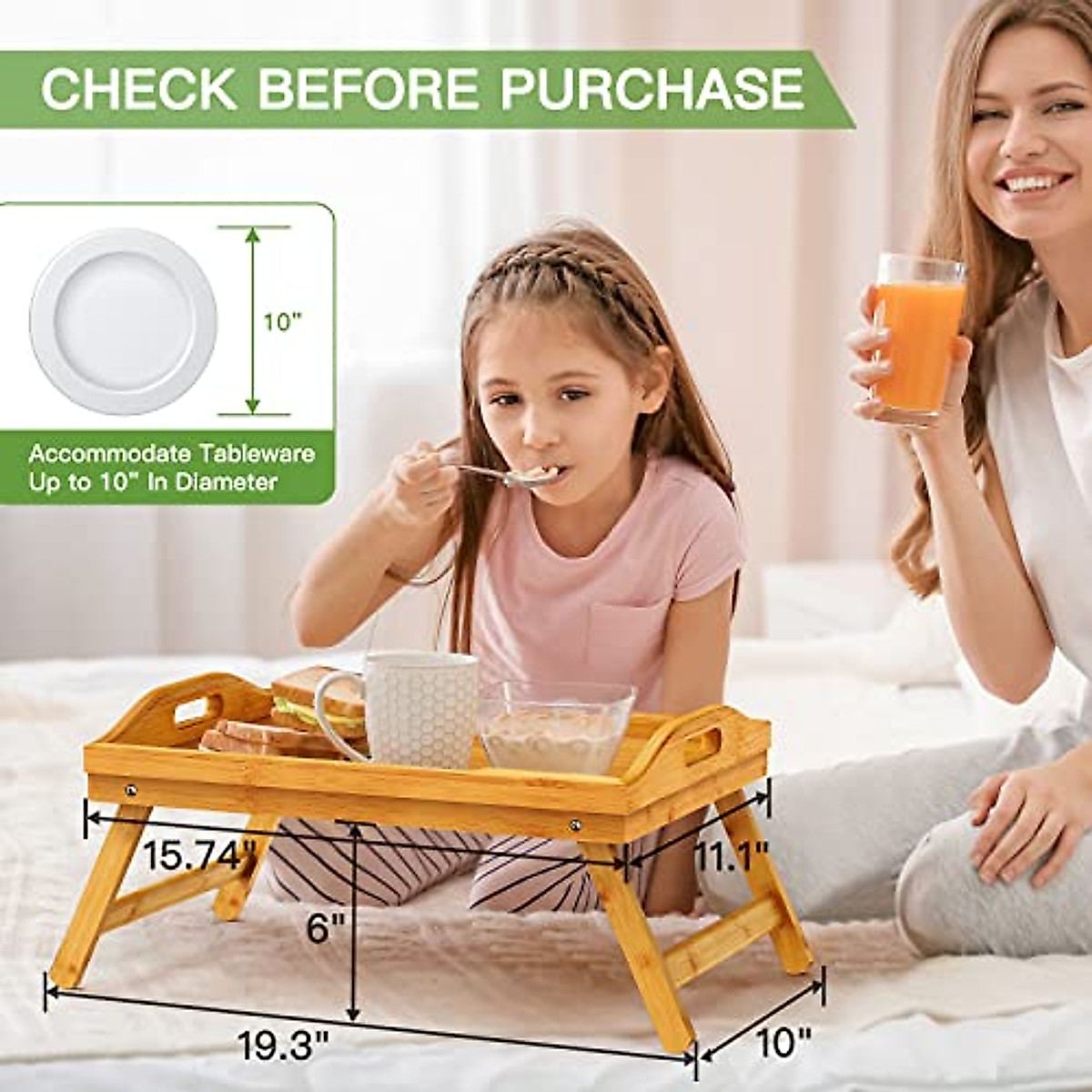 Pipishell Bamboo Bed Breakfast Tray, Bed Trays for Eating with Folding Legs, Food Snack Tray, Used As Lap Tray for Bed, Sofa, Outdoor, Working, Eating, Drawing