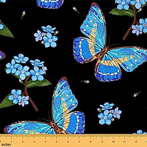 Erosebridal Butterfly Fabric by The Yard, Blue Flowers Upholstery Fabric, Watercolor Butterfly Floral Decorative Fabric, Botanical Branches DIY Indoor Outdoor Fabric for Quilting, 1 Yard, Black