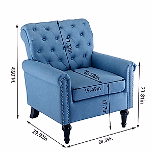 YISH W117081979 Modern Linen Accent Tufted Arm Chair with Thick Cushion and Wood Frame, Comfy Single Sofa with Armrest Backrest for Reading Bedroom Office Club, Blue