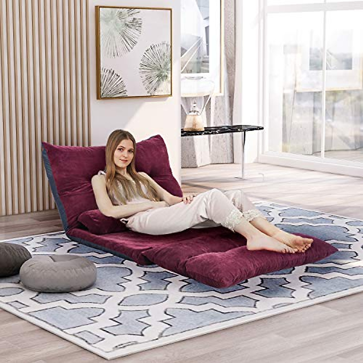 Merax Lazy Sofa Bed, Five Position Adjustable Folding Floor Couch with 2 Pillows, Futon Love Seat Sofa for Living Room, Bedroom, Stury Room (Burgundy)
