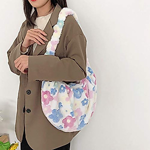 VALICLUD Hobo Bag Large Capacity Furry Handbag Shoulder Tote Bag Fluffy Purse Floral Flower Purse for Women