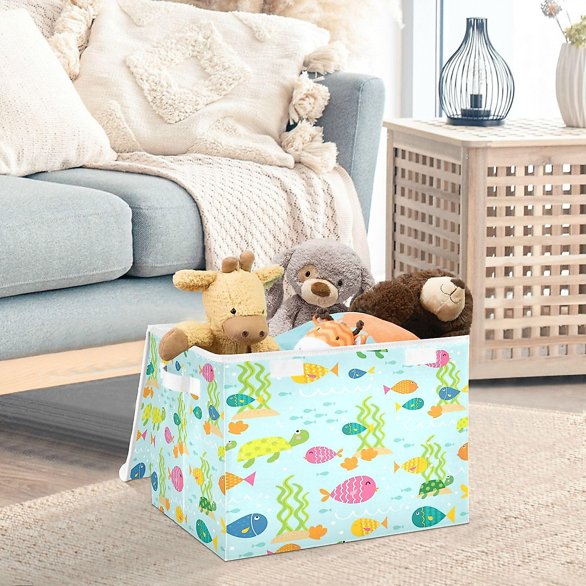 YETTASBIN Ocean Animals Storage Basket with Lid and Handles, Large Collapsible Fabric Storage Bins Durable Storage Organizer for Shelves, Closet, Bedroom, School, Office, Home Decor