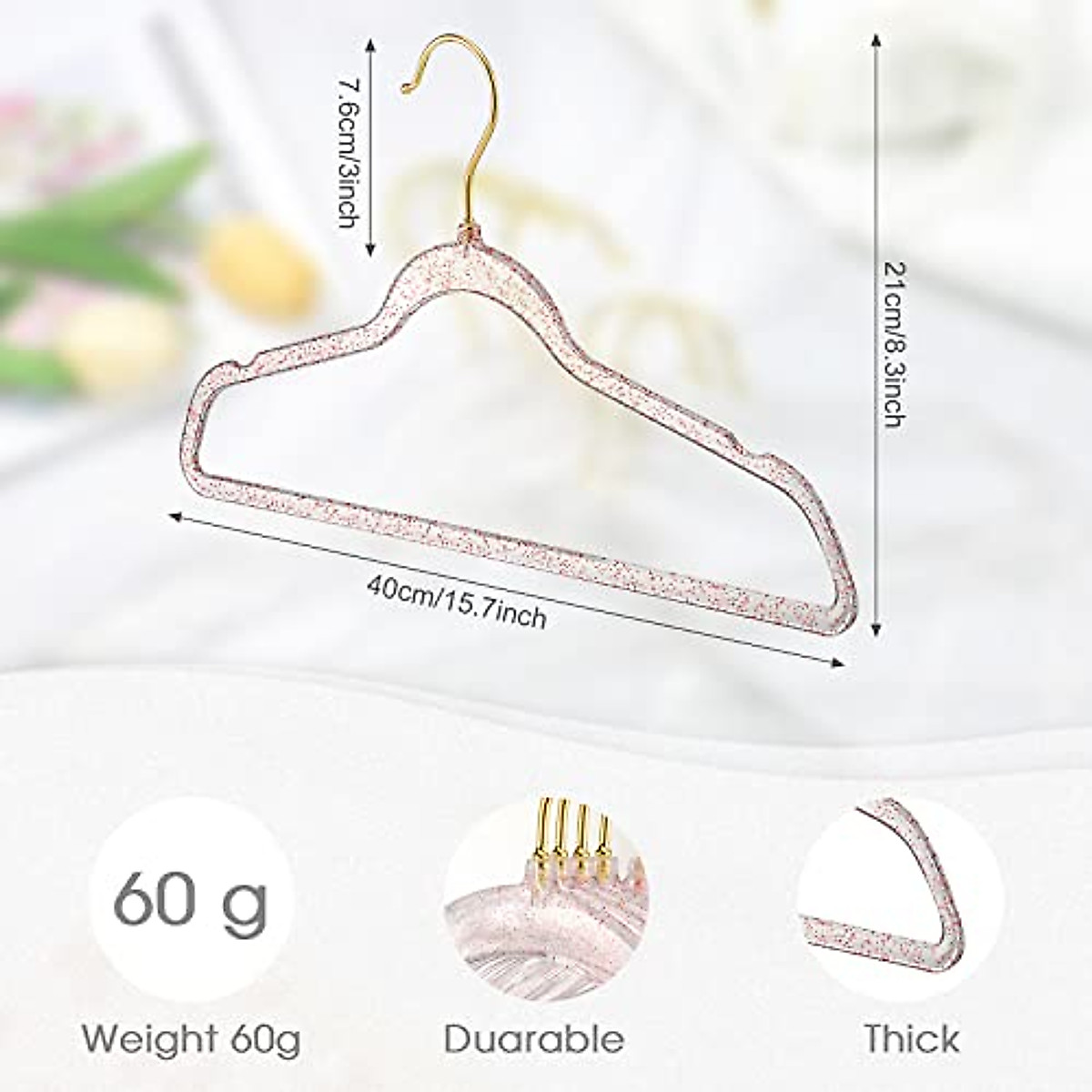20 Pcs Clear Acrylic Hangers Plastic Glitter Coat Hanger Non Slip Space Saving Suit Hangers Heavy Duty Clothes Hanger with Non Slip Notches (Pink and Gold)