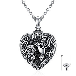 TOUPOP Hummingbird Urn Necklace for Ashes Sterling Silver Heart Cremation Jewelry for Ashes Memorial Keepsake Pendant Keepsake Jewelry Gifts for Women