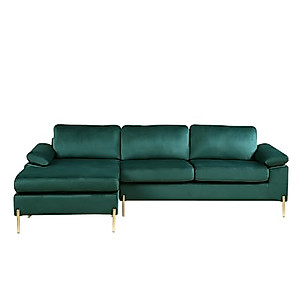 Devion Furniture 101" W Modern Design Velvet Sectional Sofa with Spacious Chaise, Cushioned Arms & Metal Legs in Green & Gold Finish