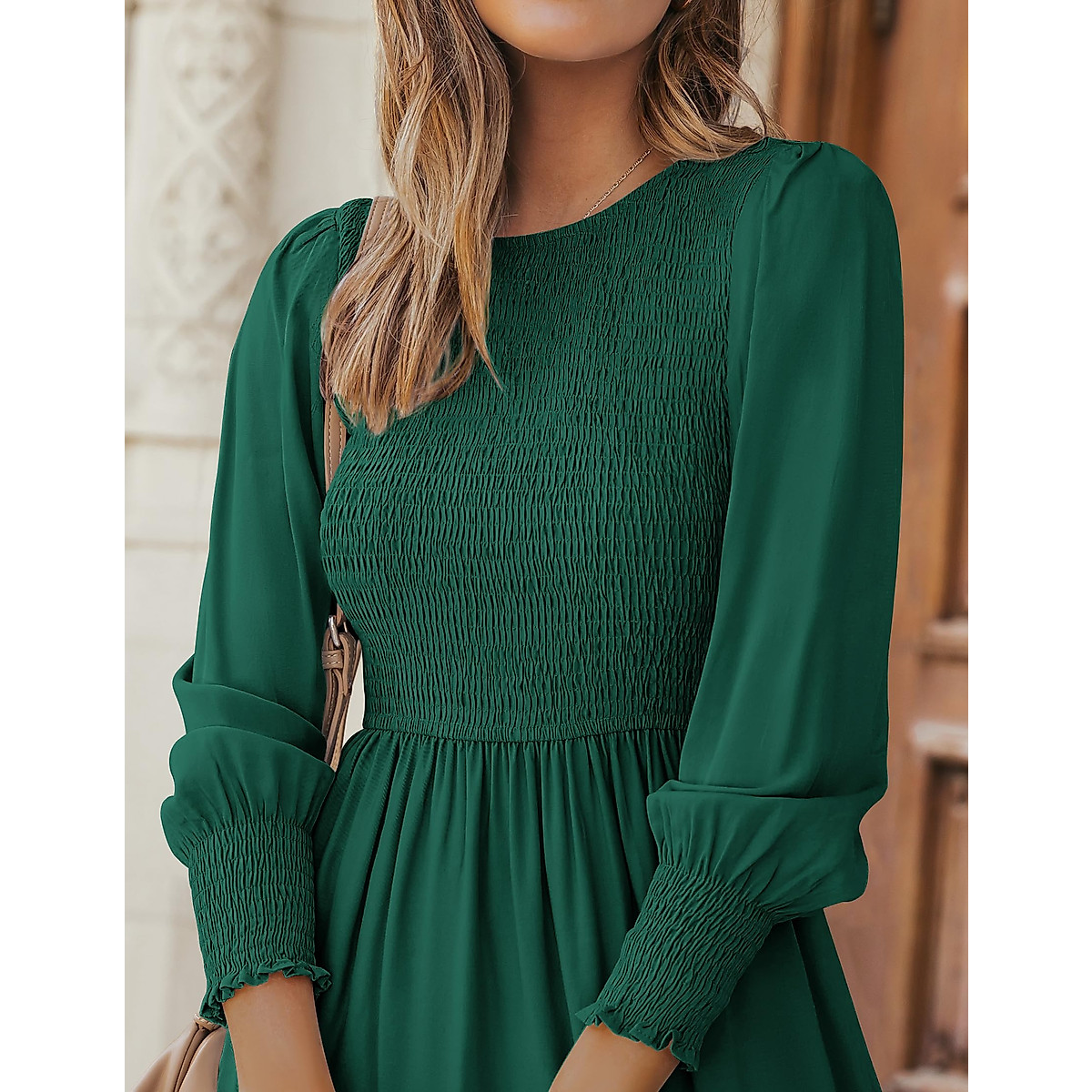 ZESICA Women's Casual Long Sleeve Crew Neck High Waist Smocked Flowy Tiered Midi Dress,DarkGreen,Large