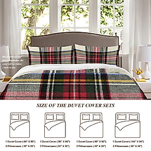 Shrahala Scottish Tartan Duvet Cover Set Queen Size, Green Wool Plaid Symmetric Square Fashion 3 Pieces Soft Brushed Duvet Covers with Button Closure (No Comforter)