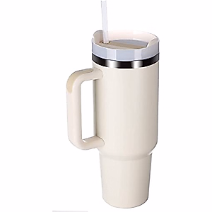 40oz stainless steel vacuum mug with handle and straw flip straw travel mug for men and women (White)