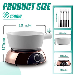 Artestia 2-QT Electric Fondue Pot for Meat, 1500W Ceramic Chocolate Melting Pot with Adjustable Temperature, 6 Fondue Forks, White Ceramic Pot with Rose-Gold Base
