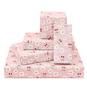 White and Yellow Daisy Floral With Red Cherries On Pink Gift Wrapping Paper 4 Sheets For Kids Girls Boys, Flower Gift Wrap for Birthday New Baby Shower Wedding Holiday Christening and More Occasion