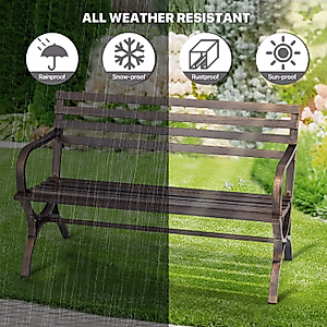 MoNiBloom 50" Patio Bench for 2 Person, Metal Frame Patio Park Bench with Slatted Seat and Backrest, Arch Legs Outside Bench for Porch, Lawn and Garden, Bronze