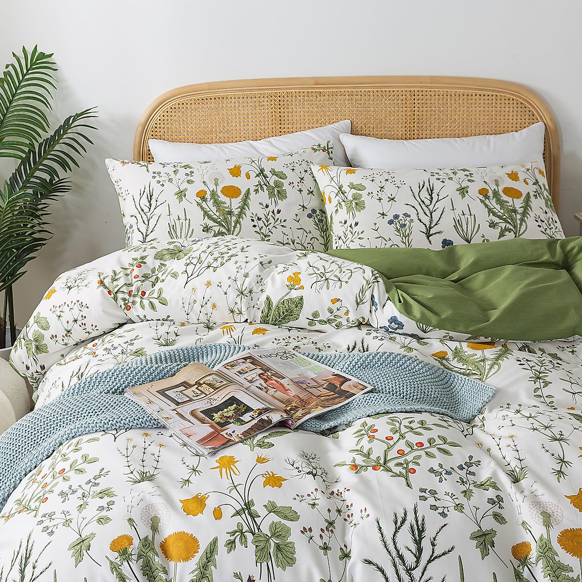 Zusbest Floral Duvet Cover Queen 100% Percale Cotton Botanical Garden Flower Printed Bedding Reversible Green Yellow Leaves Pattern Comforter Covers French Country Bedding Soft 3Pcs-Not Comforter