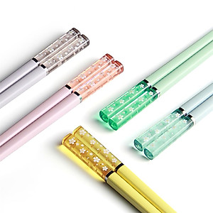 Chopsticks Reusable Dishwasher Safe, AYFDISHS 5 Pairs 9.45 Inches Lightweight Fiberglass Chopstick, Japanese Chinese Sakura Chopstick, Non-slip Chop Sticks, Multicolor