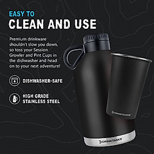 DrinkTanks - 64 oz Stainless Steel Growlers for Beer + 16 oz Stainless Steel Cups, Insulated Beer Growler w/ 2 Reusable Metal Solo Cup Set, High-Grade Stainless Steel, Set of 3, Obsidian