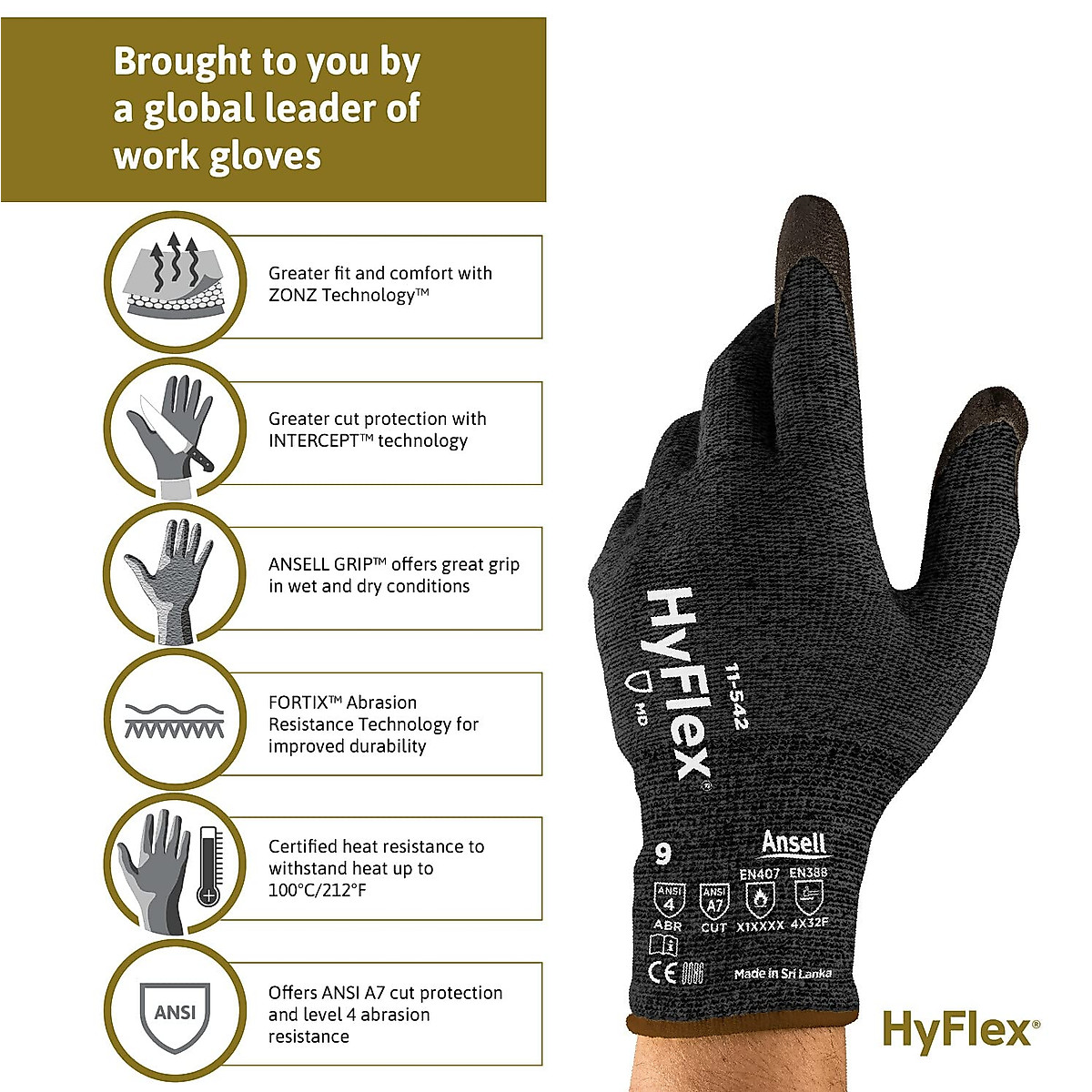 HyFlex 11-542 Cut/Heat-Resistant Kevlar Mechanical Work Gloves w/Nitrile Palm for Machinery, EMS, Automotive - Size 9, Black (12 Pairs)
