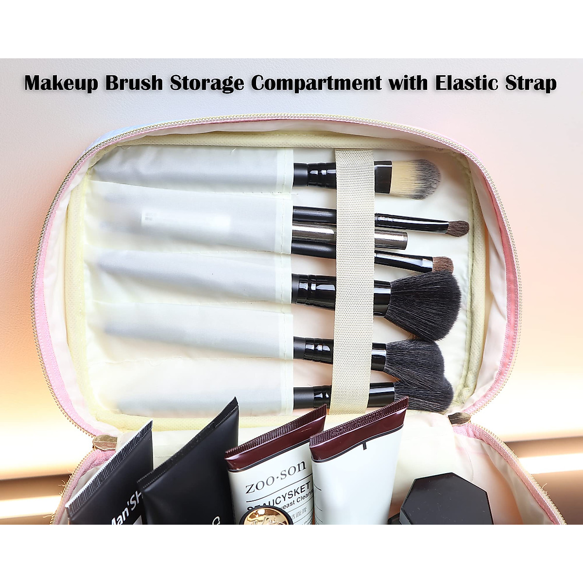 IMCUZUR Makeup Bag Organizer Travel Toiletry Bag for Women, Water-resistant Cosmetic Bag for Girls, Travel Make Up Bag for Accessories Cosmetics Toiletries (Blue-Pink Gradient)