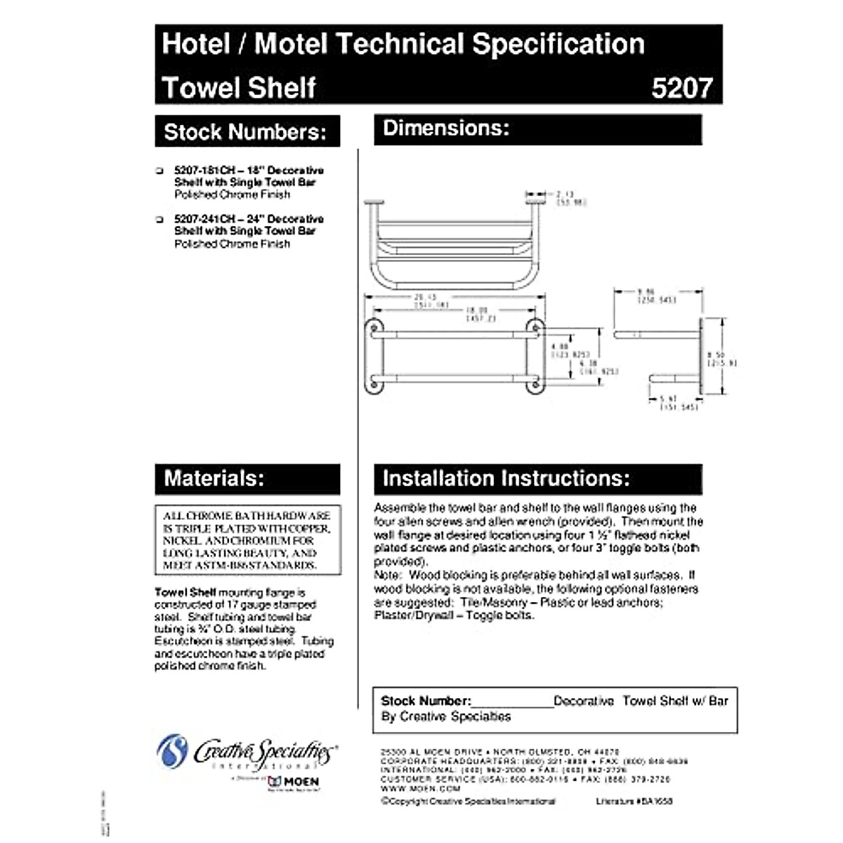 Moen 5207-181CH Donner Commercial 18-Inch Towel-Bar with Shelf, Chrome