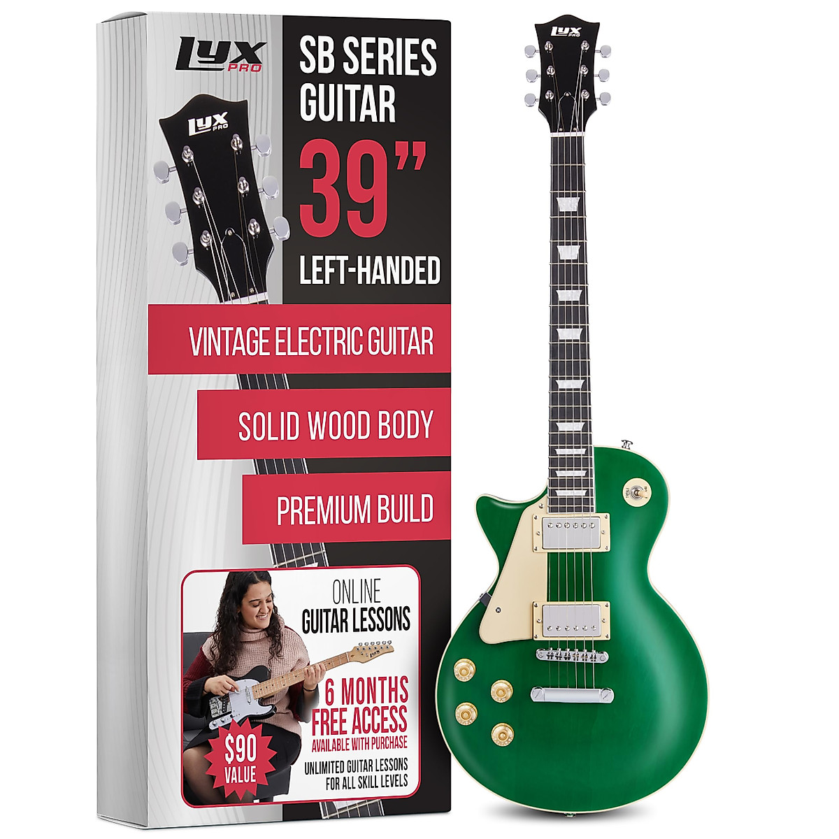 LyxPro 39” Left Hand SB Series Electric Guitar, LP Style for Beginner, Intermediate & Pro Players Solid Body Guitar, Bonus 2-Pack of Picks, Mahogany Wood, Volume/Tone Controls, 3-Way Pickup - Green
