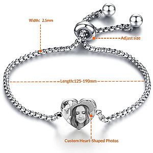 AIPNIS Personalized Custom Photo Text Stainless Steel Adjustable Bracelet Carved Heart Shaped Pendant Fashion Jewelry Custom Gift for Women