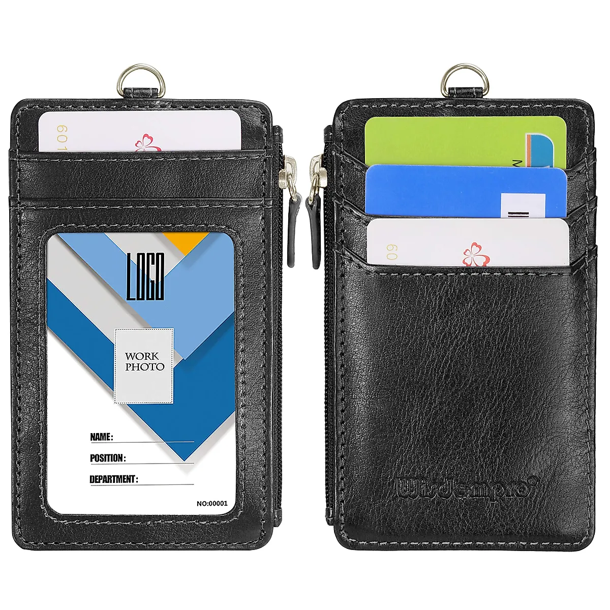Badge Holder with Zipper, Wisdompro School Supply 2-Sided PU Leather College ID Badge Holder with 1 ID Window, 4 Card Holder Slots, 1 Side Pocket and 20 Inch Leather Neck Strap Lanyard -Vertical Black