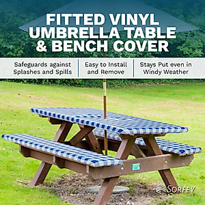 Sorfey Vinyl Umbrella Picnic Table and Bench Fitted Tablecloth Cover, Checkered Design, Flannel Backed Lining, 30x72 Inch, 3-Piece Set, Blue