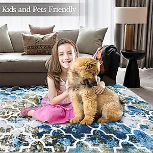 IMINROME Large Area Rug 8x10 Modern Geometric Area Rug Contemporary Abstract Indoor Rug Non-Slip Distressed Throw Rug Non Shedding Floor Carpet for Bedroom Nursery Kids Room, Multi Blue