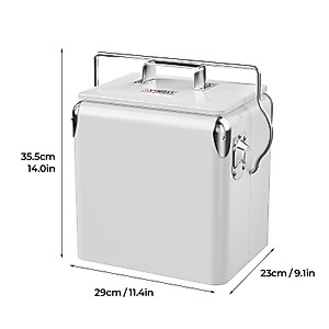 VINGLI 14qt Small Cooler Ice Chest, Insulated Portable Cooler, Beach Cooler, Retro Vintage Classic Style Hard Metal Cooler for Barbeques, Camping, Fishing and Picnics (14 QT, White)