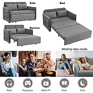 54" Pull Out Couch for Living Room, Convertible Sofa Bed with 2 Detachable Arm Pockets and Velvet Loveseat Multi-position Adjustable Sofa with Bedhead and 2 Pillows for Bedroom, Movie Room - Grey