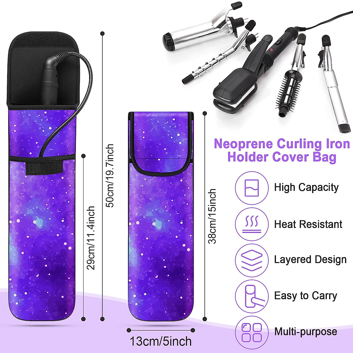 Shappy 2 Pieces Flat Iron Case Heat Resistant Travel Bag Curling Iron Case and Holder Neoprene Straightener Holder and Silicone Hot Tools Flat Iron Travel Bag(Starry Sky)