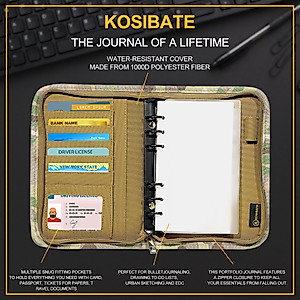 Kosibate Padfolio Ring Binder with 45 Sheets 90 Pages of Loose-Leaf Paper, Weatherproof Notebook Cover, Tactical Notebook with Zippered for Folders, Business Cards Refillable 6-Ring Notepad(5.5"x8.5")