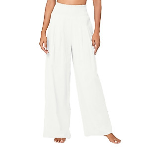 Urban CoCo Women's Elastic High Waist Light Weight Loose Casual Wide Leg Trousers Long Pants with Pocket (XL, White)