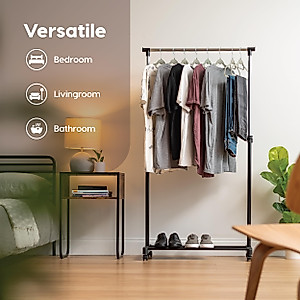 IRIS USA Portable Single-Rod Height Adjustable Clothes Rack with Lockable Wheels, Rolling Garment, Sigle Rod Wardrobe Rack, Easy Assemble, for Clothes, Belts, Shoes, and Bags