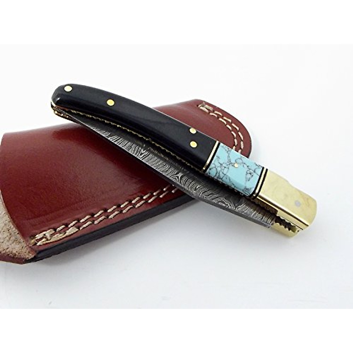 Made in Ancient Persian Indus Valley Damascus Knives Laguiole Style Pocket Knife Ram Horn & Turquoise Handle With Leather Sheath