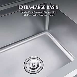 WILPREP Commercial Stainless Steel Utility Sink, Single Compartment Kitchen Sink with Storage Sink Strainer and Splash Guard, Portable Sink with Work Table & Adjustable Feet, 39" W x 24" D