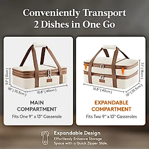 Lifewit Expandable Insulated Casserole Carrier for Hot or Cold Food, Double Decker Food Bag Lasagna Holder Carry Tote for Potluck Parties/Picnic/Cookouts, Fits 9"x13" Baking Dish, Cream