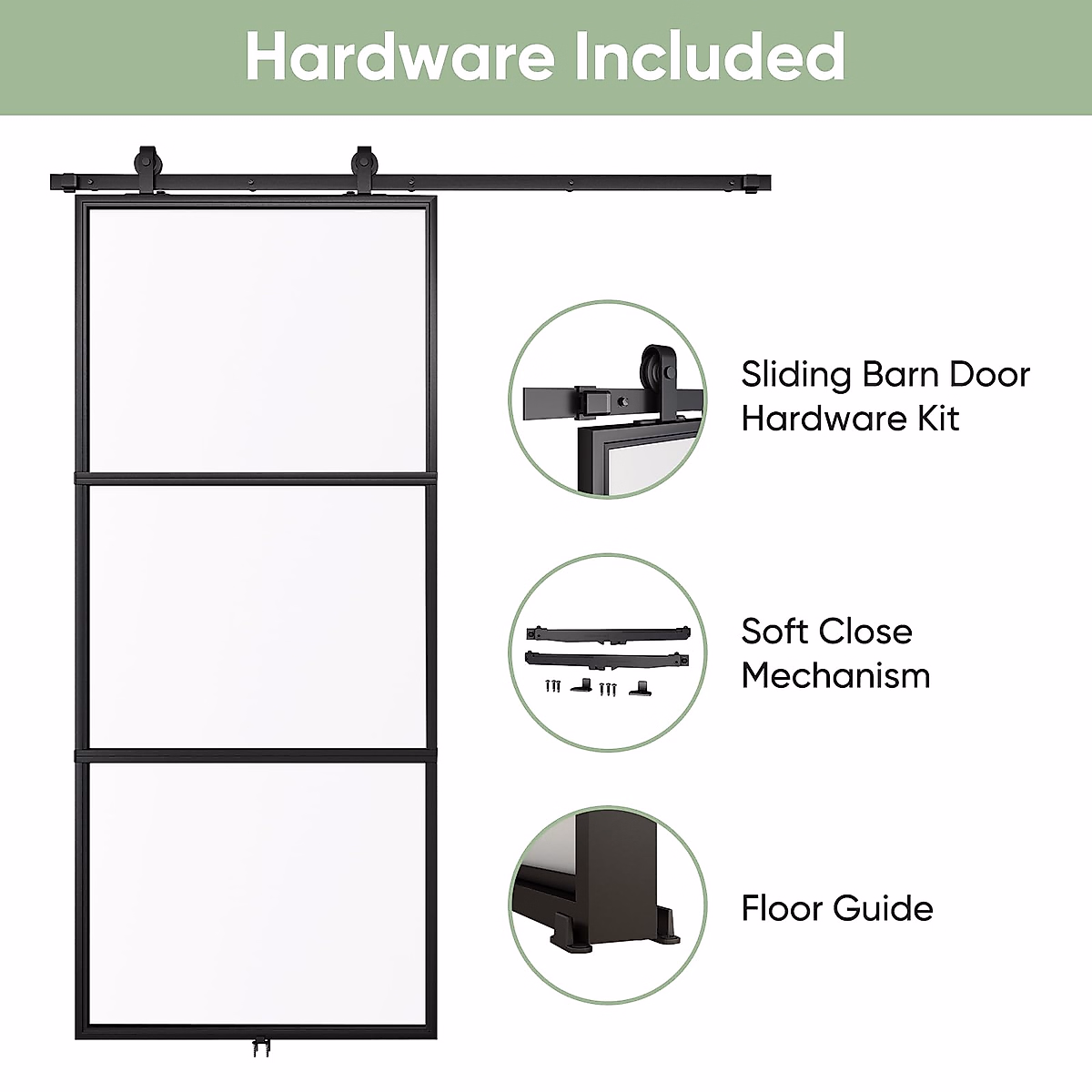 BARNSMITH 36in x 84in Frosted Glass Barn Door with 6FT Top Mounted Hardware kit Include Soft Close Mechanism Black Carbon Steel Tempered Frosted Glass Sliding Door, Assemble Required Easy Installation