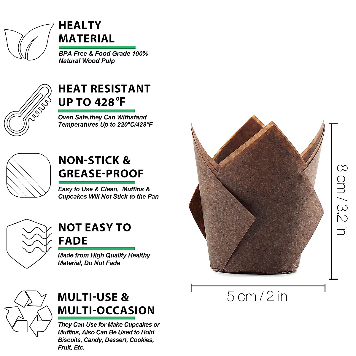 Anaeat Tulip Cupcake Liners Pack of 100, Paper Baking Cups & Muffin Liners Holders - Grease Resistant Cupcake Wrappers for Birthday, Party, Wedding, Christmas