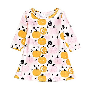 1-6T Toddler Kids Baby Girls Halloween Outfits Ghost Pumpkin Print Long Sleeve Dress Winter Clothes (Yellow, 5-6 T)