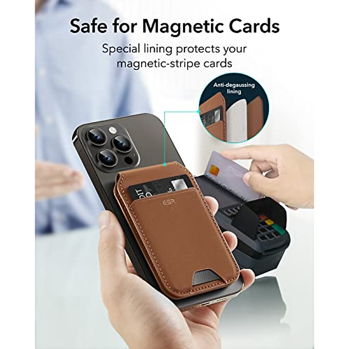 ESR Magnetic Wallet (HaloLock), Compatible with MagSafe Wallet, iPhone Wallet with Adjustable Stand, for iPhone 15/14/13/12 Series, Not for iPhone 13/12 mini, 3 Card Holder, Vegan Leather, Brown