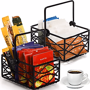 Yarlung 2 Pack Sugar Packet Basket Metal Wire Tea Bag Holder with Removable Stylish Handle, 4.7x3.5x2.5 Inches Coffee Bar Packet Coffee Pod Holder for Coffee Table, Office, Elegant Black