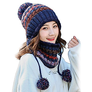 HUAMULAN Women Winter Beanie Hat Circle Scarf Set Pompoms Peruvian Ski Snow Ear Flaps Sherpa Knit Hats Fleece Lined Slouchy