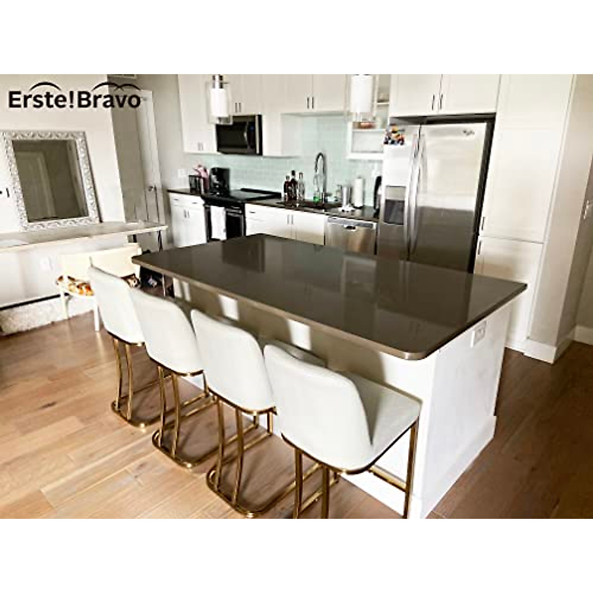 Erste!Bravo Creamy White Counter Height Bar Stools Set of 4 for Kitchen Counter 24 Inch Modern Gold Barstools with Back Faux Leather Upholstered Farmhouse Bar Chairs Island Stools, Creamy White+Gold