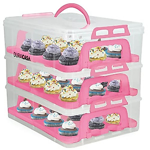 DuraCasa Cupcake Carrier, Cupcake Holder - Premium Upgraded Model - Store up to 36 Cupcakes or 3 Large Cakes - Stacking Cupcake Storage Container - Cookie, Muffin or Cake Carrier (Pink, Three Tier)