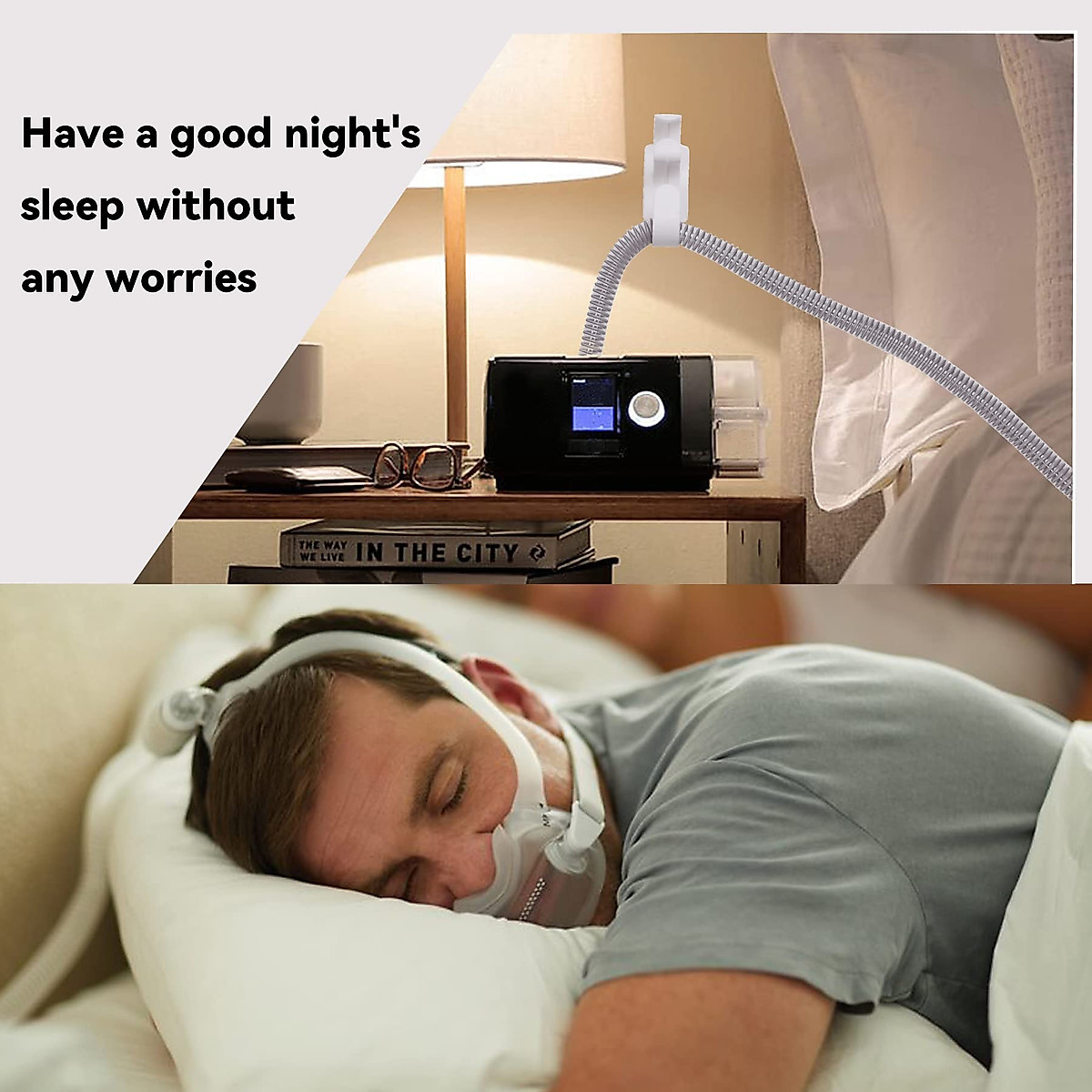 coceyese 2Pcs CPAP Mask Hose Holder Hanger with Anti Unhook Feature, CPAP Hose Hanger Tubing Organizer&CPAP Headband Hook Combined for Keeping Tube from Leakage and Intertwine