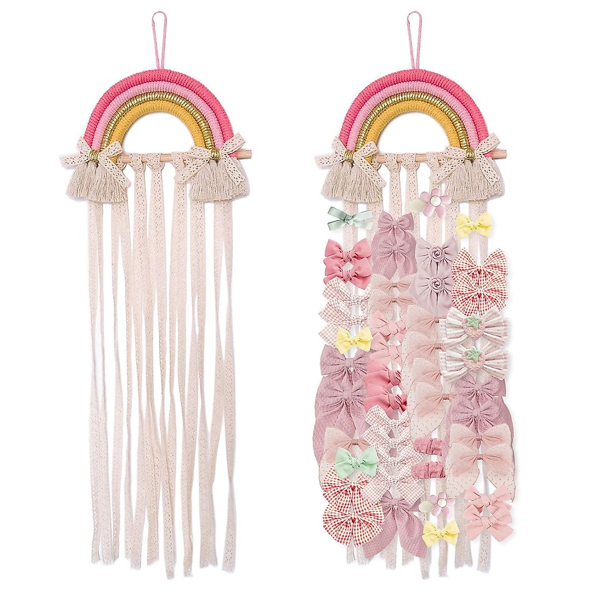 NICROLANDEE Rainbow Tassels Hair Bows Holder Hanging - Baby Hair Accessories Storage Headband Holder Hair Clips Organizer Wall Hanger Decor for Baby Girls Room Ornament (Pink Yellow)
