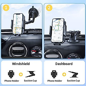 FBB Phone Mount for Car, [ Off-Road Level Suction Cup Protection ] 3in1 Long Arm Suction Cup Holder Universal Cell Phone Holder Mount Dashboard Windshield Vent Compatible with All Smartphones