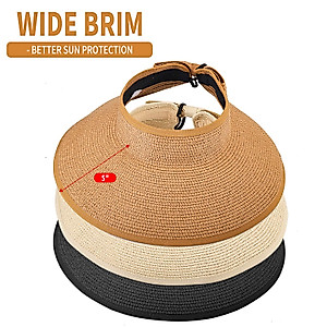 MEINICY 3PCS Foldable Straw Sun Visor Hats for Women, Wide Brim Ponytail Summer Beach Hat, Protect Your Skin Easily (Nature+Black+Beige 3PCS)…