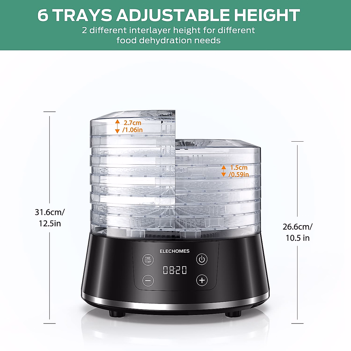 Food Dehydrator, Elechomes Upgraded 6-Tray Dryer for Beef Jerky, Meat, Fruit, Dog Treats, Herbs Vegetable, Digital Time & Temperature Control, Overheat Protection Fruit Roll Sheet Included, BPA Free