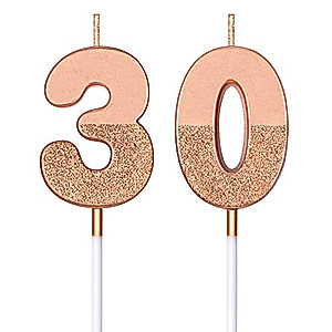 BBTO 30th Birthday Candles Glitter Cake Numeral Candles 30th Birthday Cake Topper Decoration for Birthday Wedding Anniversary Celebration Favor, Rose Gold