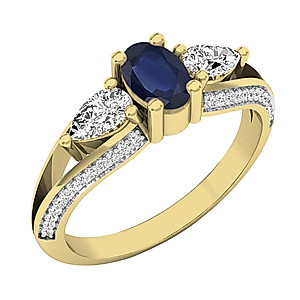 Dazzlingrock Collection 18K 6X4 MM Blue Sapphire, Pear White Sapphire & Round Diamond 3 Stone Ring, Yellow Gold, Size 9.5
